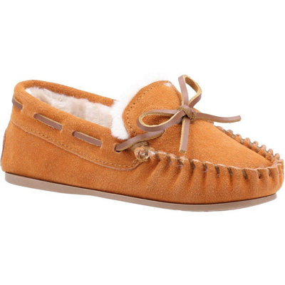 Hush Puppies Addison kid's tan suede faux-fur lined moccasin slipper