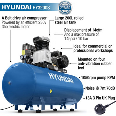 Hyundai 200 Litre Air Compressor, 14CFM/145psi, Electric 3hp HY3200S