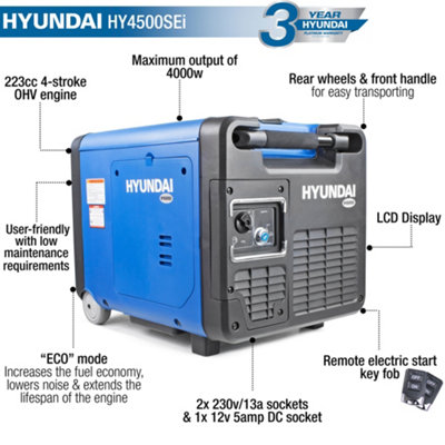 Hyundai 4000W Petrol 4.0kW / 5kVA Portable Inverter Generator HY4500SEi