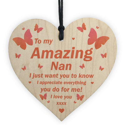 I Love You Nan Gift Hanging Wooden Heart Gift For Nan Birthday Mothers ...
