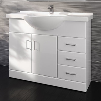iBathUK 1050mm White Gloss Basin Vanity Unit Sink Cabinet Bathroom ...