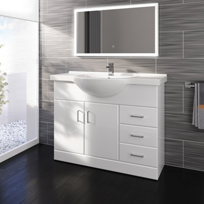 iBathUK 1050mm White Gloss Basin Vanity Unit Sink Cabinet Bathroom ...