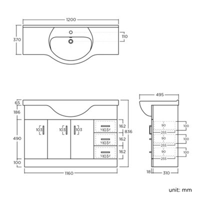 iBathUK 1200mm White Gloss Basin Vanity Unit Sink Cabinet Bathroom ...