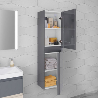 iBathUK Denver 1400 Tall Cupboard Unit - Grey,Wall Hung Tall Storage Unit