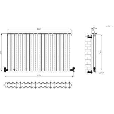 iBathUK Princia Horizontal Double Oval Panel Radiator Anthracite 600 x ...