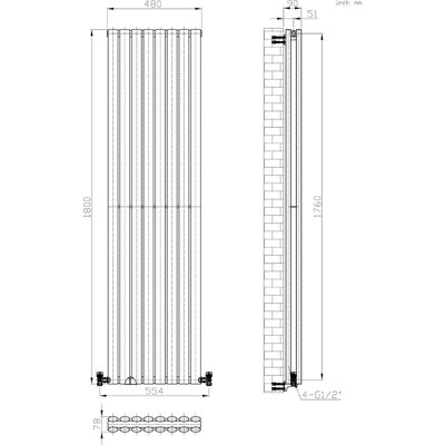 iBathUK Princia Vertical Double Oval Panel Radiator White 1800 x 480mm ...