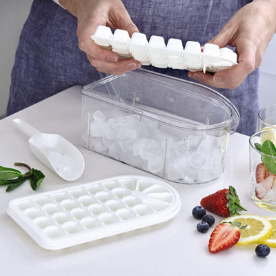 Ice Cube Tray Container Multi Layer Ice Bucket Storage Box with Scoop 2 Moulds That Make Up to 58 Cubes 10 x 11.5 x 21cm