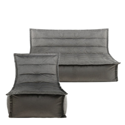 icon Kota Velvet XL Bean Bag Sofa & Lounger Set Grey Bean Bag Chair ...