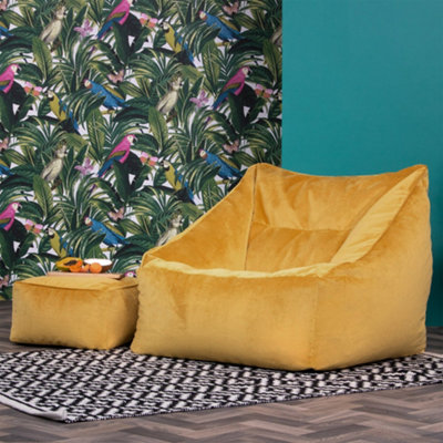 icon Natalia Velvet Armchair Bean Bag and Footstool Set Ochre Yellow ...