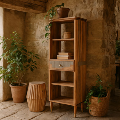 Idaho Acacia and Mango Wood Slim Bookcase with Brass Details and 1 Drawer