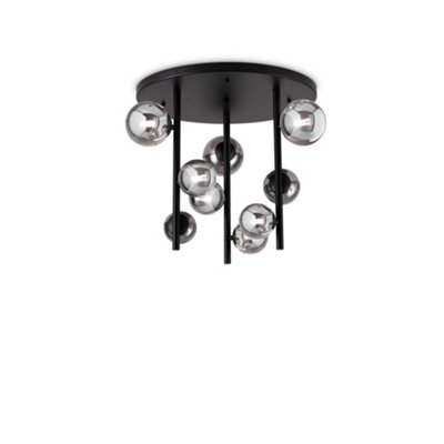 Ideal Lux Perlage 9 Light Globe Ceiling Light Black, Amber Glass Shade