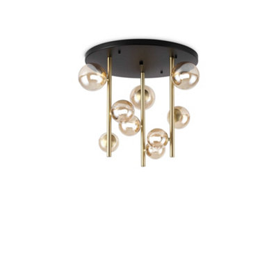 Ideal Lux Perlage 9 Light Globe Ceiling Light Brass, Amber Glass Shade ...