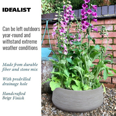 IDEALIST™ 17.3 Inch Bowl Planter, Ribbed Beige Reinforced Stone Shallow ...