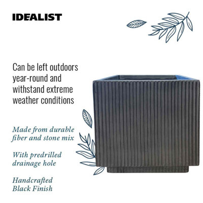 IDEALIST™ 30cm Planter, Ribbed Black Reinforced Stone Square Flower Box ...