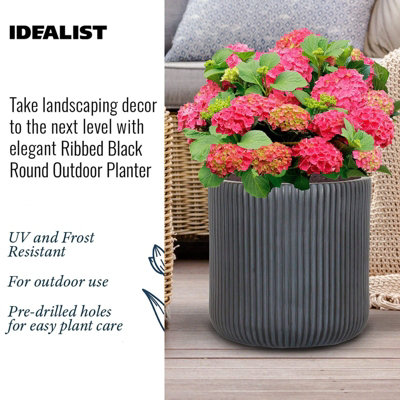 IDEALIST™ 36cm Round Planter, Ribbed Black Reinforced Stone Cylinder ...