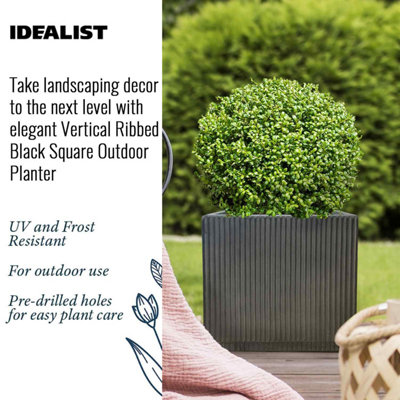 IDEALIST™ 37cm Planter, Ribbed Black Reinforced Stone Square Flower Box ...