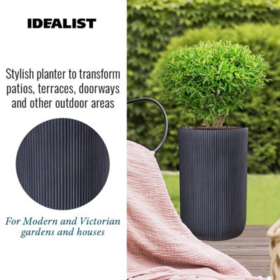 IDEALIST™ 47cm Tall Planter, Ribbed Black Reinforced Stone Cylinder Round Planter, Outdoor Plant ...