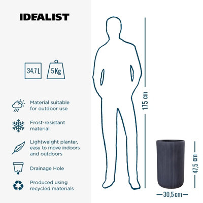 IDEALIST™ 47cm Tall Planter, Ribbed Black Reinforced Stone Cylinder Round Planter, Outdoor Plant ...