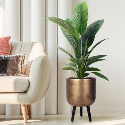 IDEALIST™ (Dia) 26cm Gold Reinforced Stone Flower Pot, Round Planter on Legs, Indoor Plant Pot ...