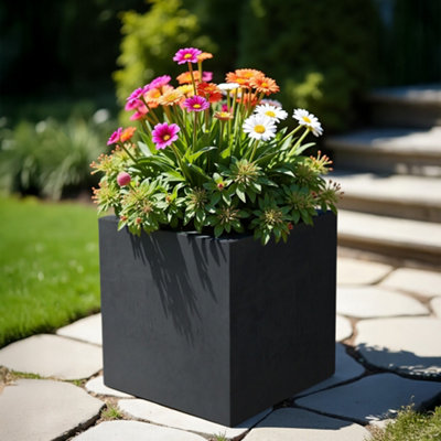 IDEALIST Flower Box Square Garden Planter, Faux Lead Dark Grey Light Concrete Outdoor Large ...