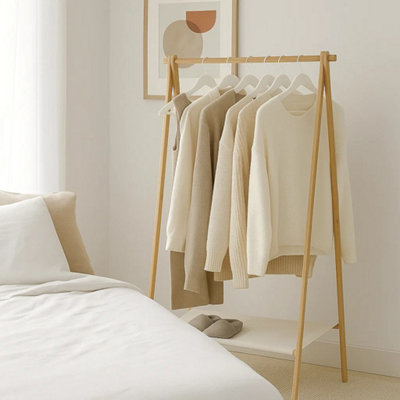 idooka Bamboo Adult Clothes Rack with Textile Shelf Lightweight ...