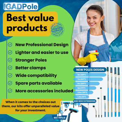 IGADPOLE 24FT(7M) EXTENSION POLE KIT WITH WATER-FED BRUSH AND HOSE ...