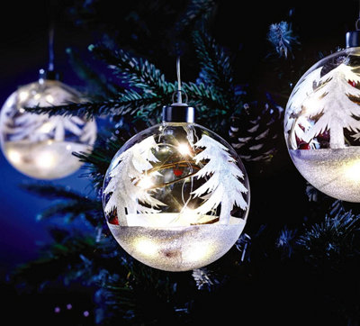 Illuminated Christmas Tree Bauble - 10cm Hand Painted Snow-covered ...