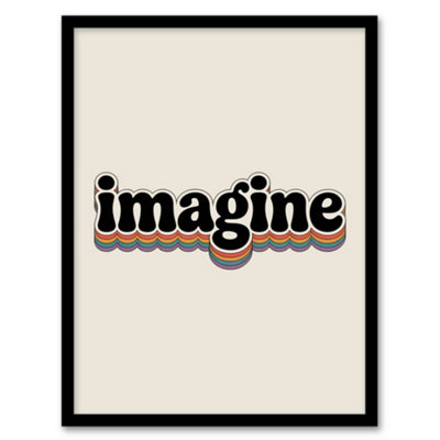Imagine Colourful Retro Rainbow Font Typography Framed Wall Art Print ...