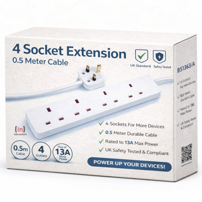 Inbrackets 4 Way Short Extension Lead Socket Cable 13a Mains White, 0.5m