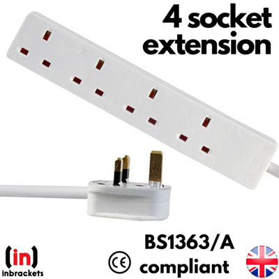 Inbrackets 4 Way Short Extension Lead Socket Cable 13a Mains White, 0.5m