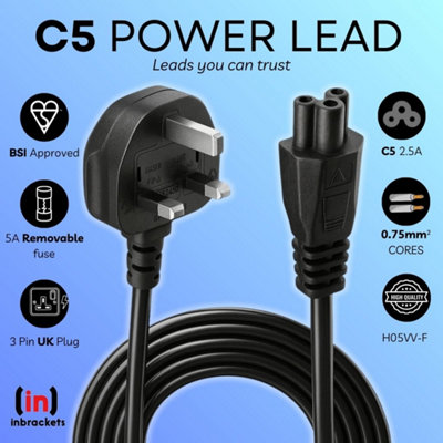Inbrackets C5 UK CLOVER leaf 3 prong LAPTOP POWER LEAD CORD CABLE 5M