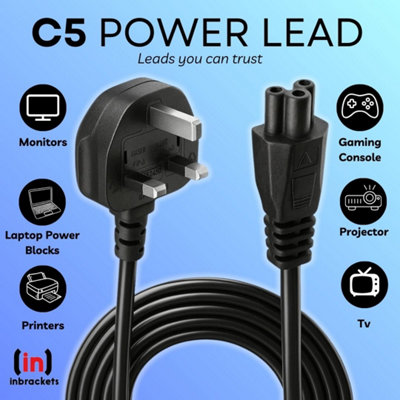 Inbrackets C5 UK CLOVER leaf 3 prong LAPTOP POWER LEAD CORD CABLE 5M