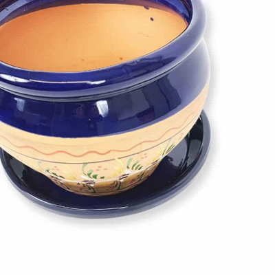 Inca Blue Hand Painted Outdoor Garden Bola Plant Pot & Drainage Plate ...