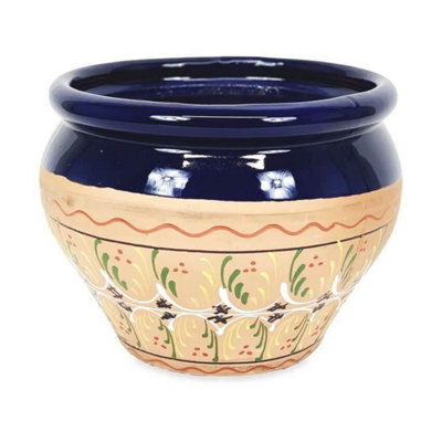 Inca Blue Hand Painted Outdoor Garden Patio Terrace Bola Plant Pot (D) 25cm
