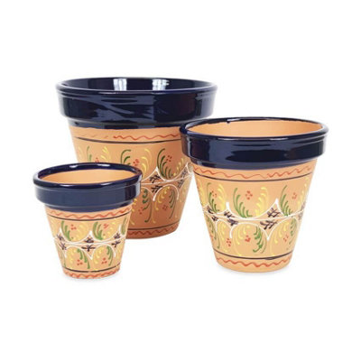 Inca Blue Hand Painted Set of 3 Outdoor Garden Classic Plant Pots (D ...