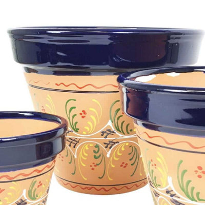 Inca Blue Hand Painted Set of 3 Outdoor Garden Classic Plant Pots (D ...
