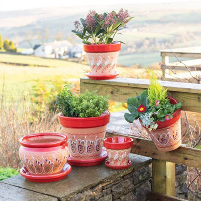Inca Red Hand Painted Outdoor Garden Bola Plant Pot & Drainage Plate (D ...