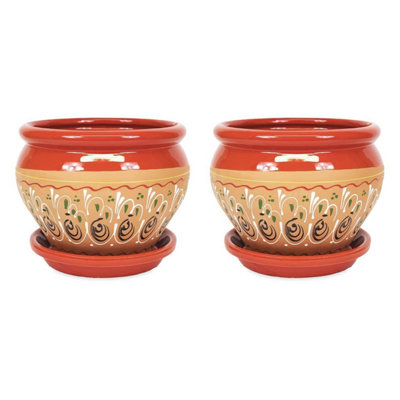 Inca Red Hand Painted Set of 2 Outdoor Bola Pots & Drainage Plates (D) 25cm