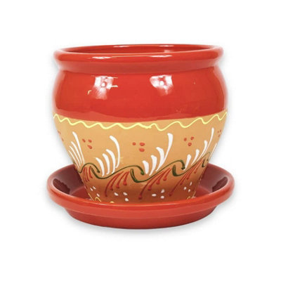 Inca Red Rim Hand Painted Outdoor Garden Bola Plant Pot 23cm & Drainage ...