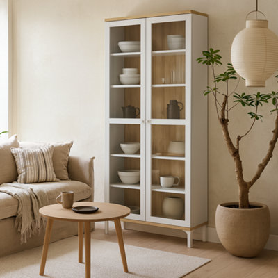 Indigo Large Display Cabinet in Glazed White and Oak, 2 Doors, 5 Shelves