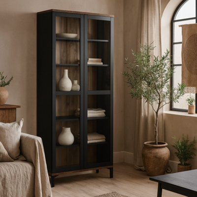 Indigo Large Glazed Display Cabinet, 2 Doors, Black & Walnut Effect, 5 ...