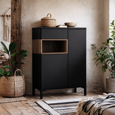 Indigo Sideboard 2 Door 1 Drawer in Black and Walnut, Compact Contemporary