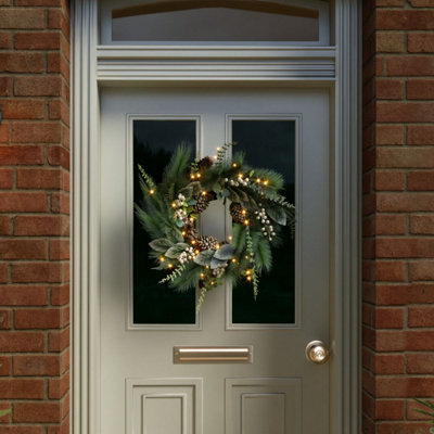 Indoor Outdoor 55cm Pre-Lit White Berry & Pinecone Eucalyptus Wreath