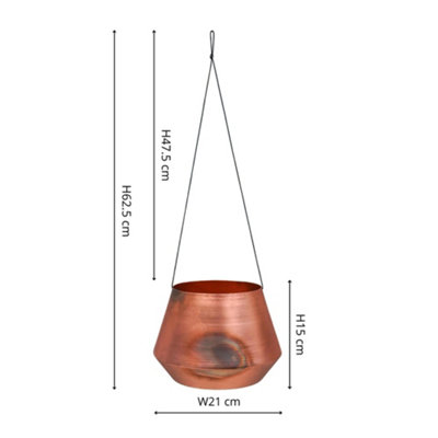 Indoor Soho Aged Copper Hanging Planter with Leather Strap H15Cm D21Cm