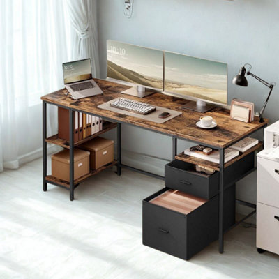 Industrial 140CM Computer Desk With Storage Shelves And Drawer Rustic Brown