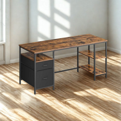 INDUSTRIAL 140CM COMPUTER DESK WITH STORAGE SHELVES AND DRAWER RUSTIC BROWN
