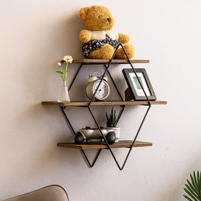 Industrial 3 Tier Wooden Diamond Shape Floating Shelf