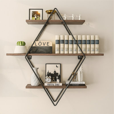 Industrial 3 Tier Wooden Diamond Shape Floating Shelf
