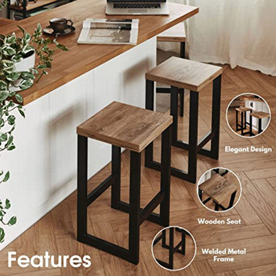 Industrial Bar Stools 60cm (23.6'') with Footrest, Black Metal Frame ...