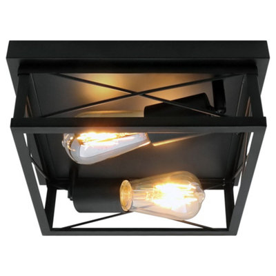 Industrial Black Ceiling Light Square 2 Light Box Lantern Flush Mounted ...